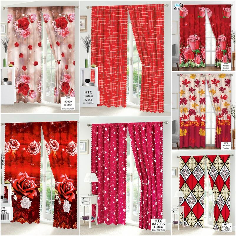 Plain Red Curtain Sale for Window Door Elegant Flower Leafs Printed ...