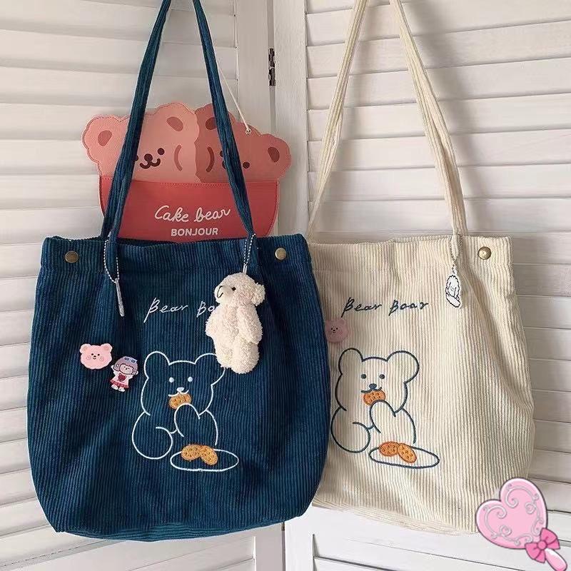 VKY WeHottie Japanese New Fashion Cute Bear Corduroy Simple Tote ...