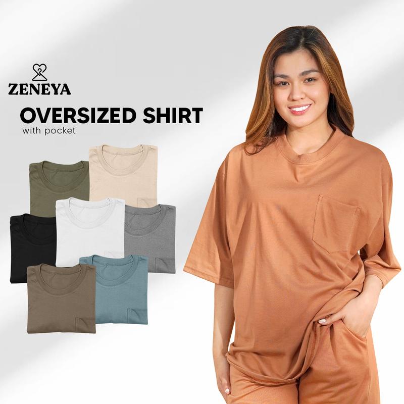 Zeneya Plain Oversized Shirt Tshirt With Pocket For Women black ...