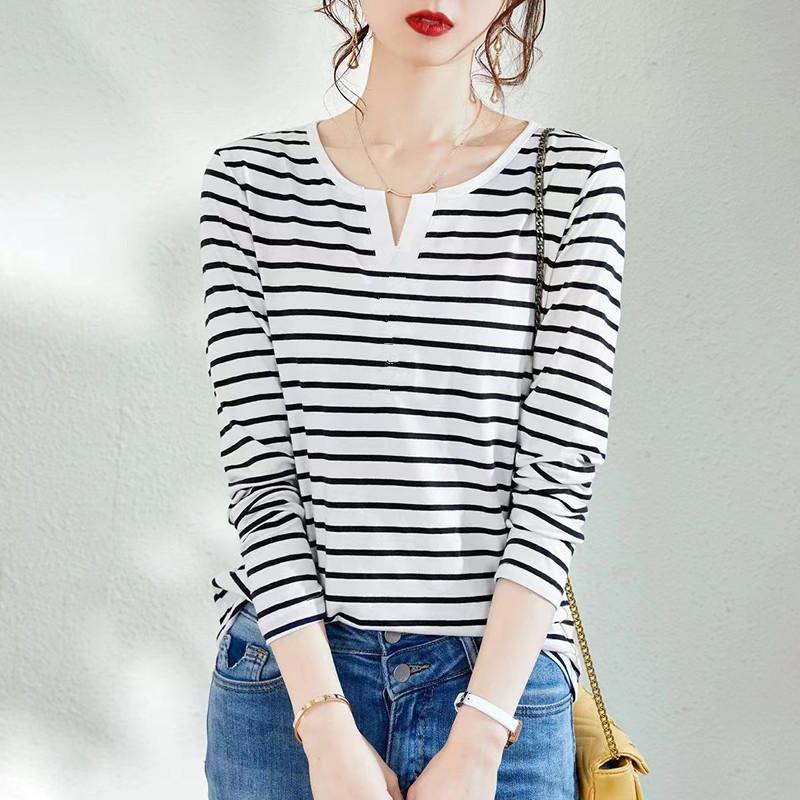 Fashion young striped Mixed cotton woman with long sleeves full ...